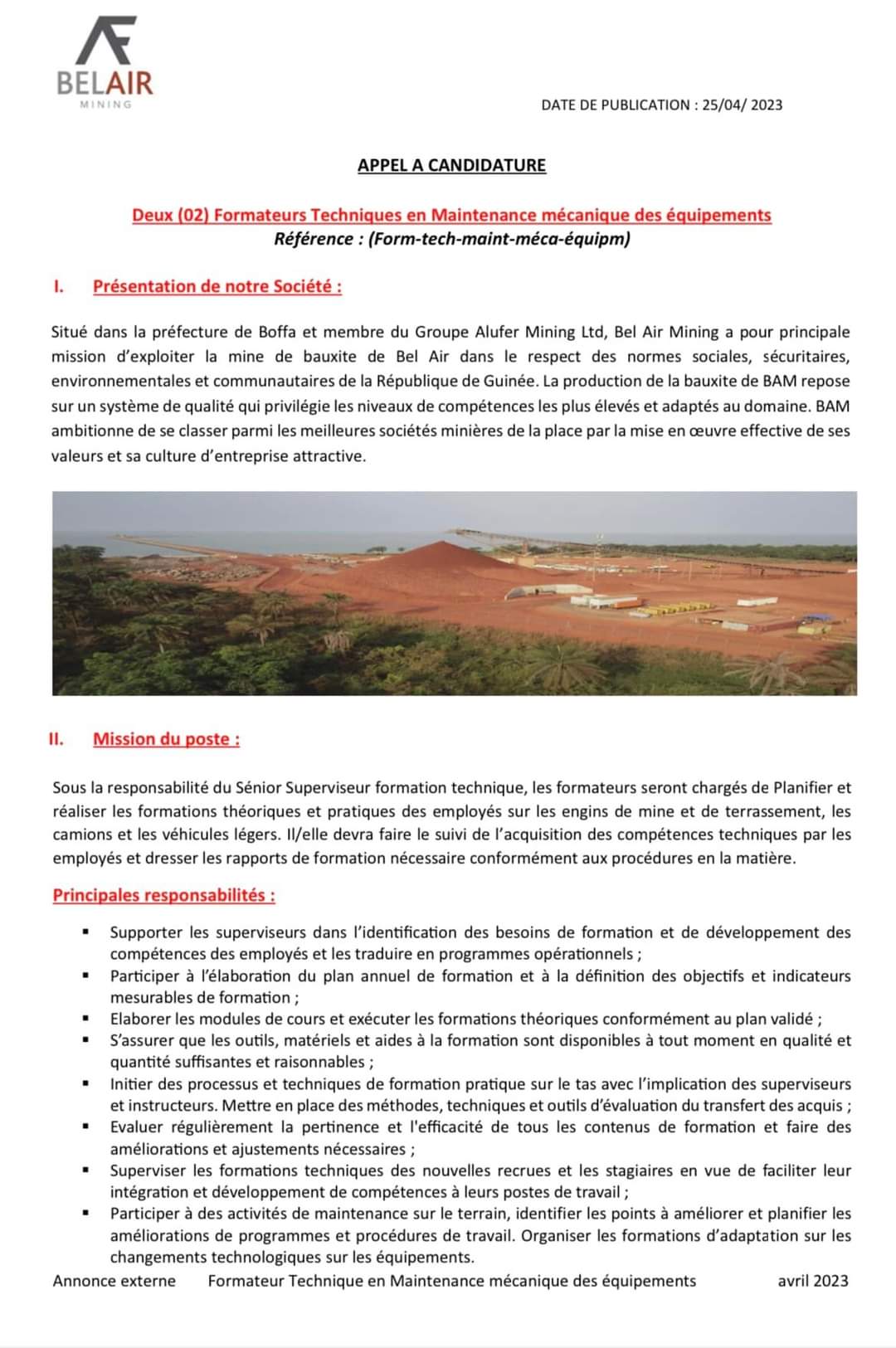 Offre d’emploi : Bel air Mining recrute deux (02) Formateurs Technique en Maintenance mécanique ...