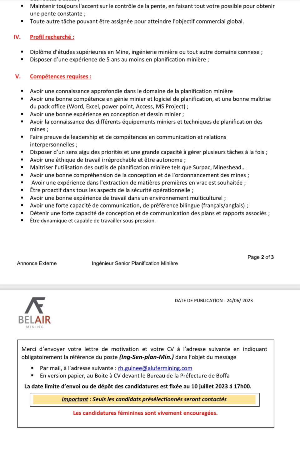 Offre d’emploi : Bel Air recrute (01) Ingénieur Senior Planification Minière (H/F) - Saboui.com