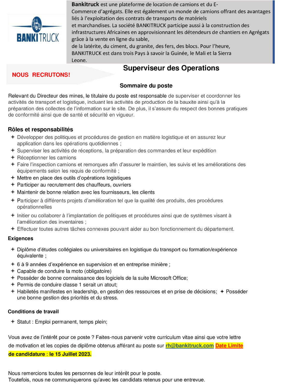 Offre d’emploi : Banki Truck recrute un(e) Superviseur des Operations - Saboui.com